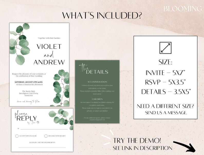 Eucalyptus Wedding Invitation Template, Greenery Wedding Invite Set, Editable & Printable ...