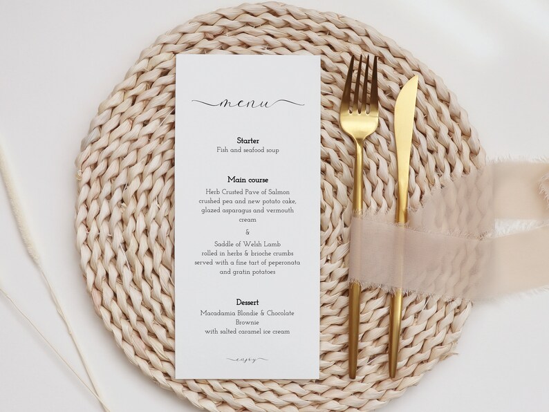 Minimalistic Wedding Menu With Calligraphy, DIY Menu Card Template for ...
