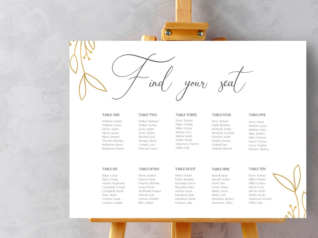 Table Seating Chart Template, Modern Seating Chart Printable, Wedding ...