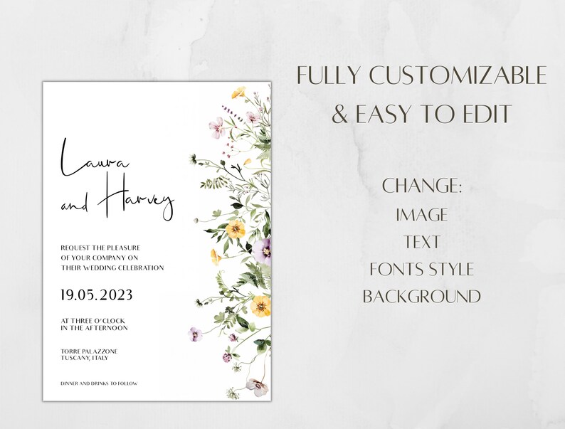Wildflower Wedding Invitation Template Editable Wedding | Etsy