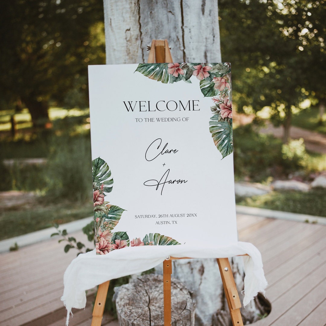 Tropical Welcome Sign Template, Wedding Welcome Sign Editable, Monstera ...