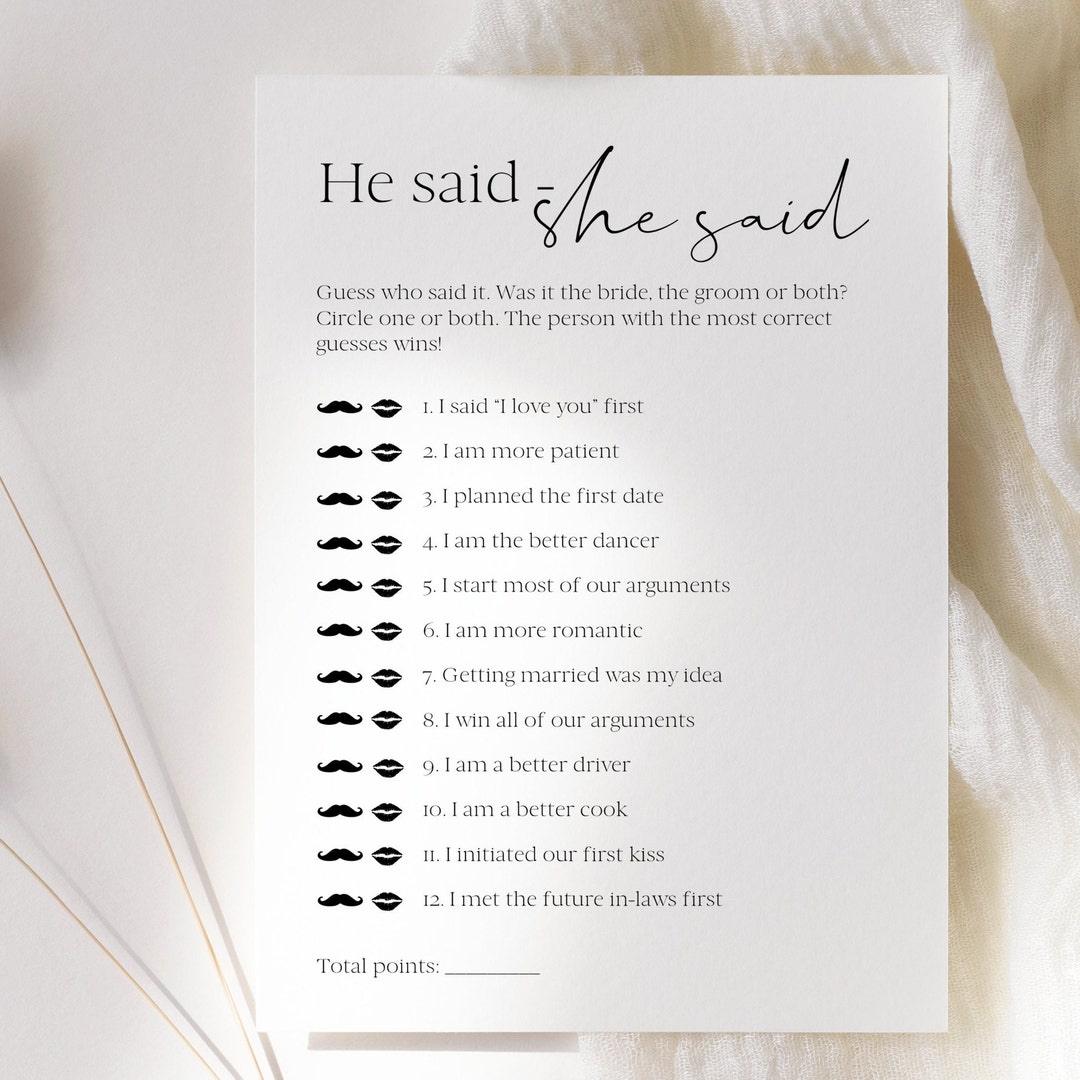 He Said She Said Bridal Shower Game, Party Game Printable, Instant ...