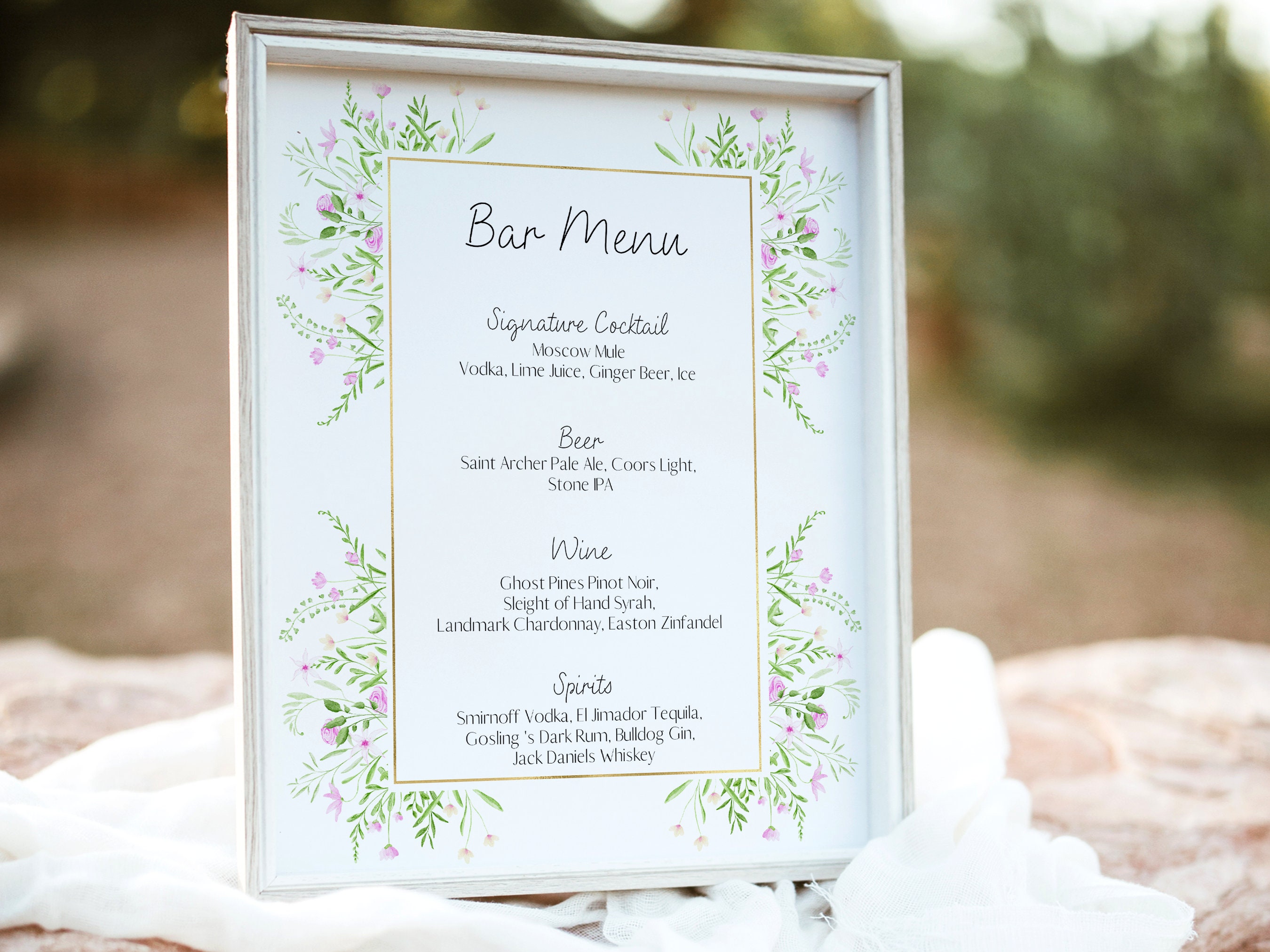 Floral Bar Menu Template, 8x10" Elegant Wildflower Bar Menu Sign, Drink ...