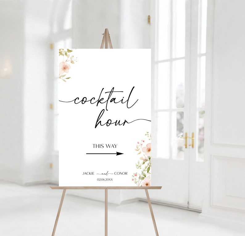 Cocktail Hour Sign Template, Floral Direction Arrow Sign, Sign for ...