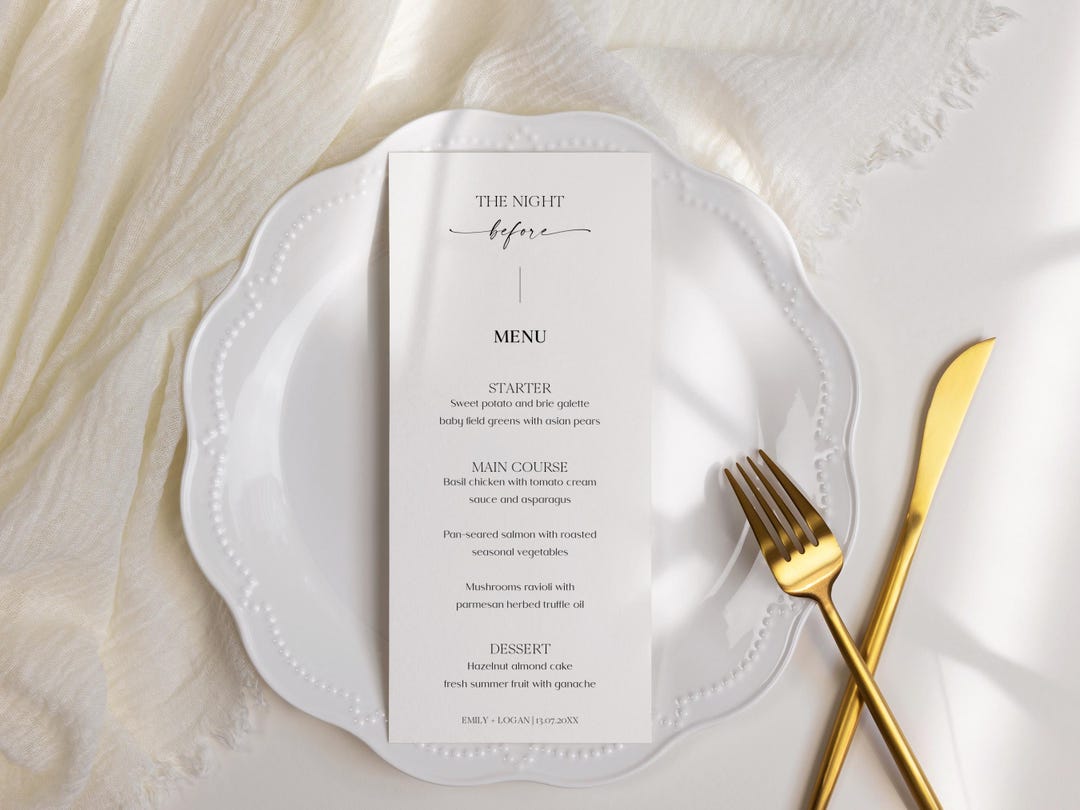 Rehearsal Dinner Menu Template, the Night Before Menu Card, Minimalist ...