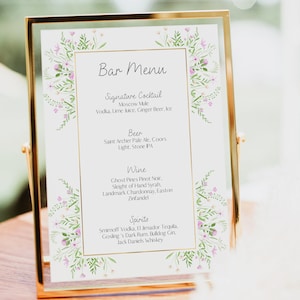 Floral Bar Menu Template, 8x10" Elegant Wildflower Bar Menu Sign, Drink ...