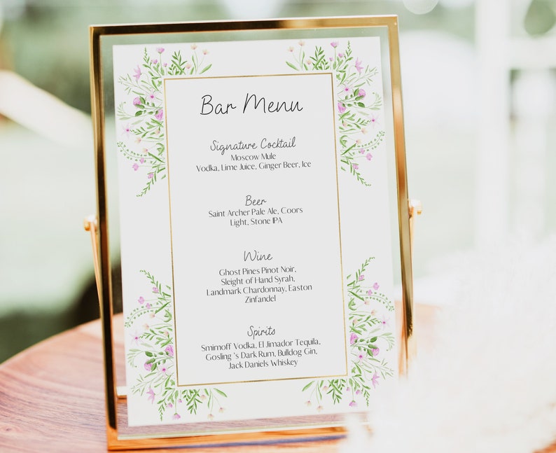 Floral Bar Menu Template, 8x10" Elegant Wildflower Bar Menu Sign, Drink ...