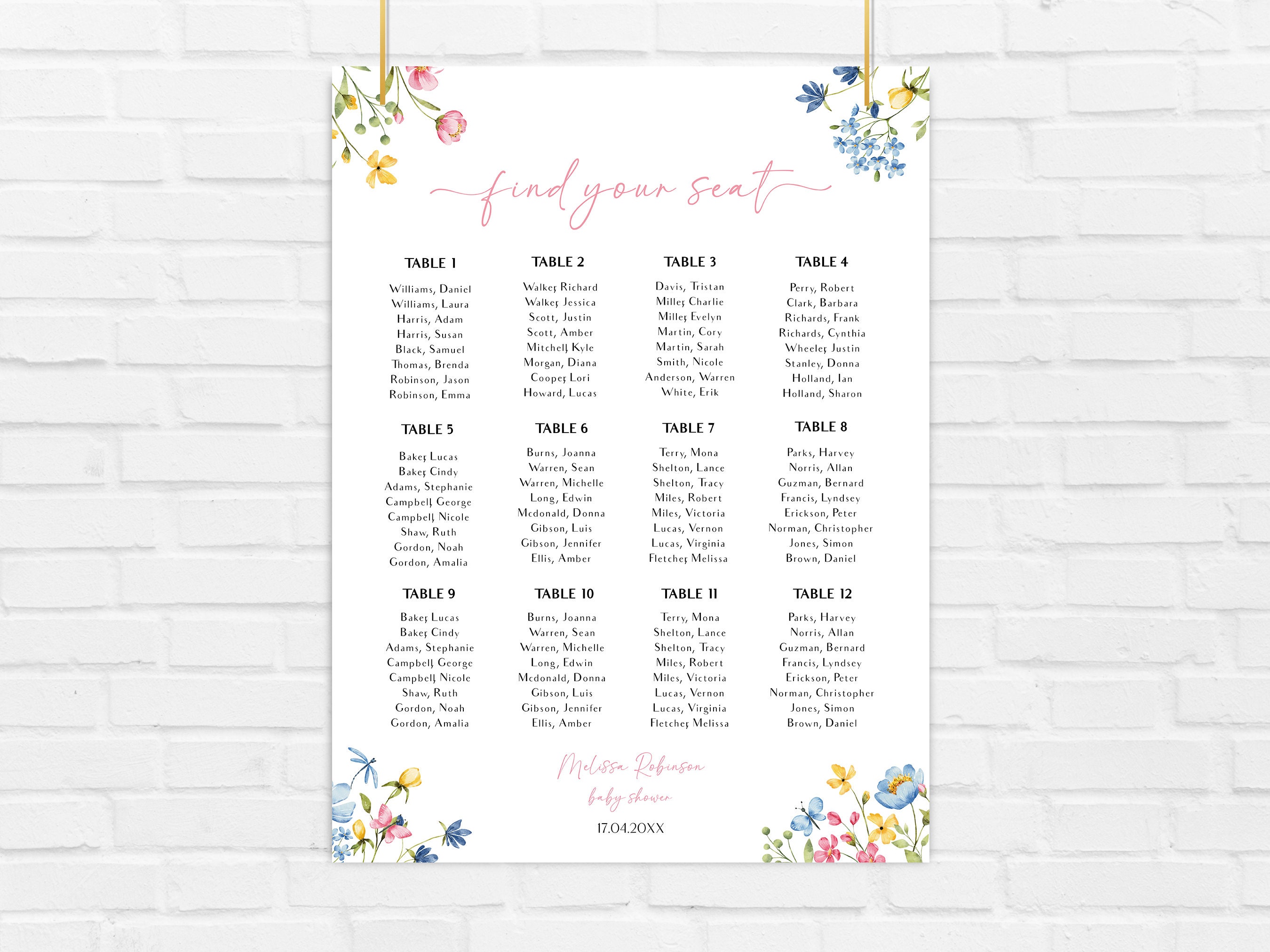 Baby in Bloom Seating Chart Sign Template, Floral Find Your Seat Sign ...