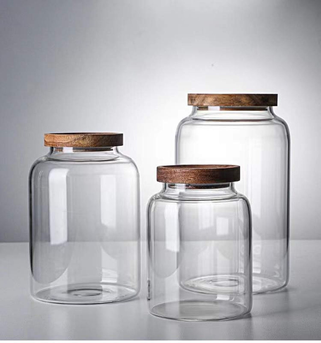 Large Round Glass Jar With Acacia Wood Lid Pantry Jar Glass Storage ...