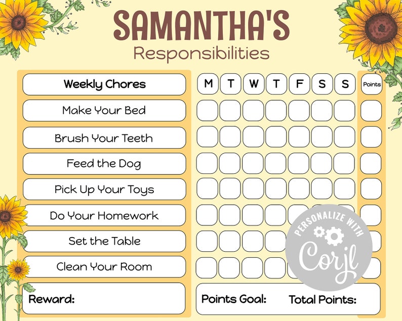 Printable Kid's Chore Chart Template | Kid Responsibilities Chart ...