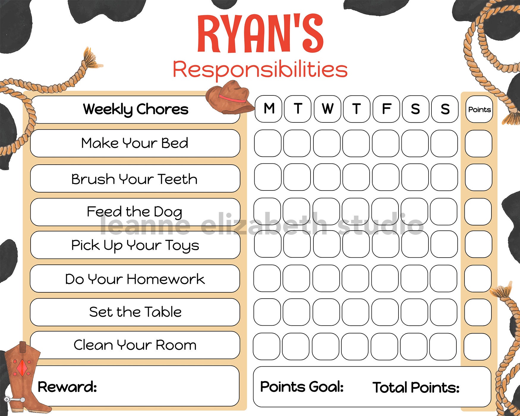 Printable Kid's Chore Chart Template | Kid Responsibilities Chart ...