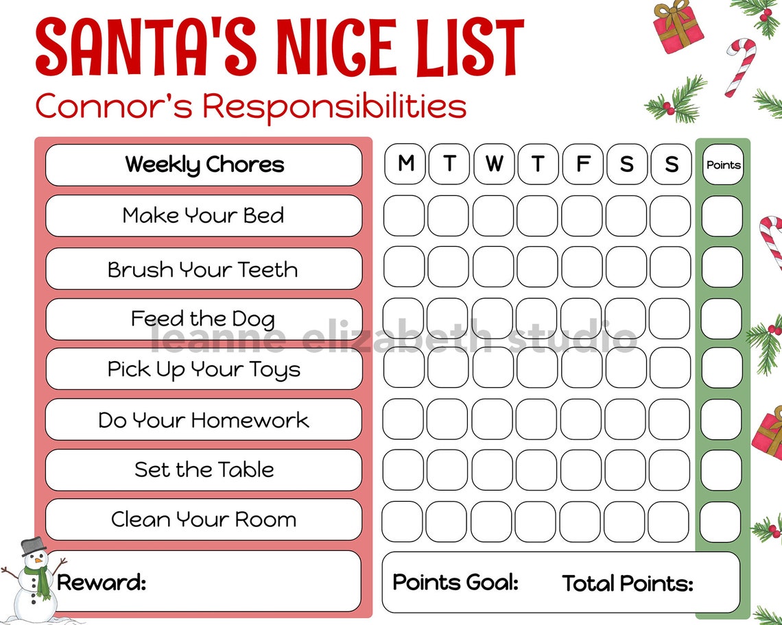 Printable Christmas Kid's Chore Chart Template Kid Responsibilities ...