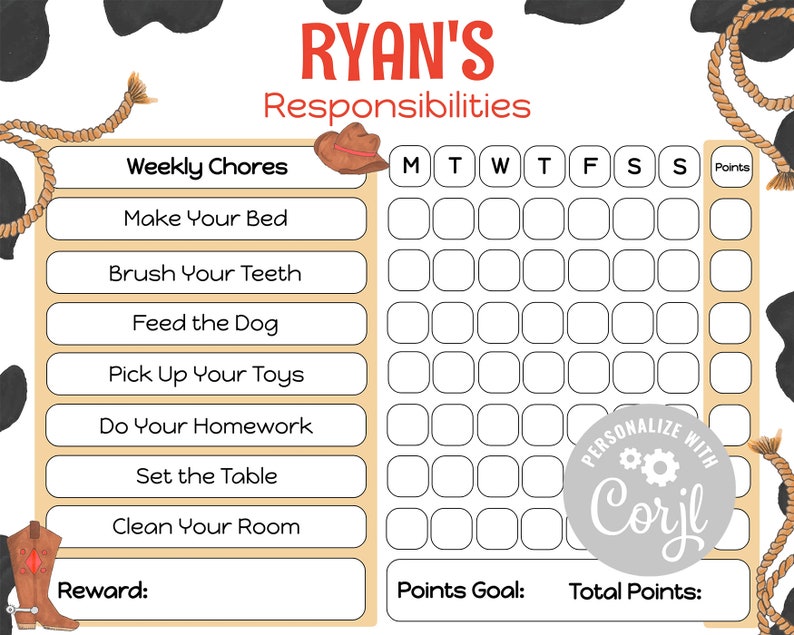 Printable Kid's Chore Chart Template | Kid Responsibilities Chart ...