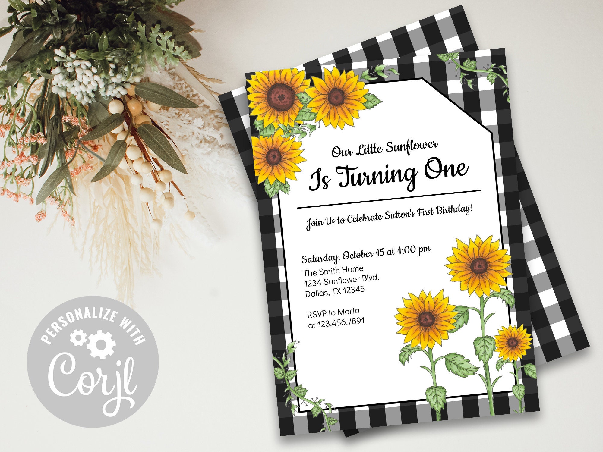Sunflower Theme Birthday Invitation Our Little Sunflower Kid's Birthday ...