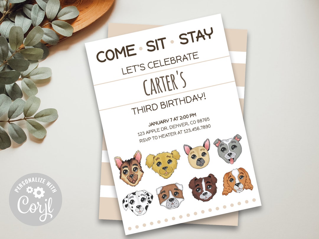 Dog Theme Birthday Invitation | Come Sit Stay | Printable Invitation ...