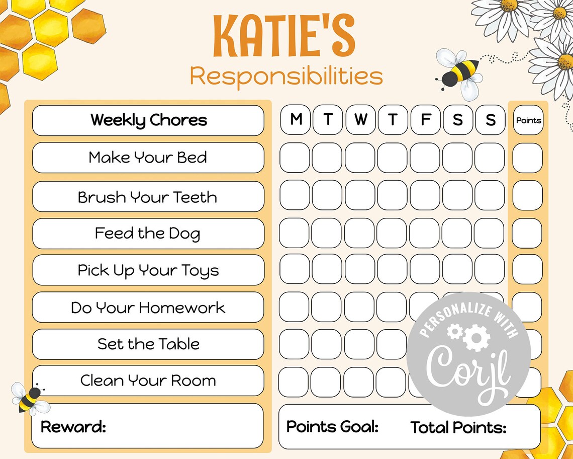 Printable Kid's Chore Chart Template | Kid Responsibilities Chart ...