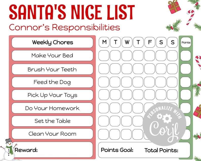 Printable Christmas Kid's Chore Chart Template | Kid Responsibilities ...