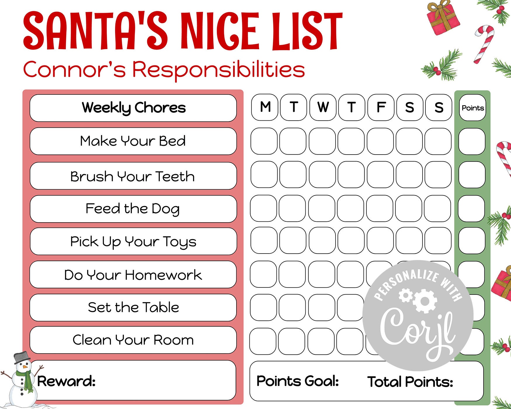 Printable Christmas Kid's Chore Chart Template Kid Responsibilities ...