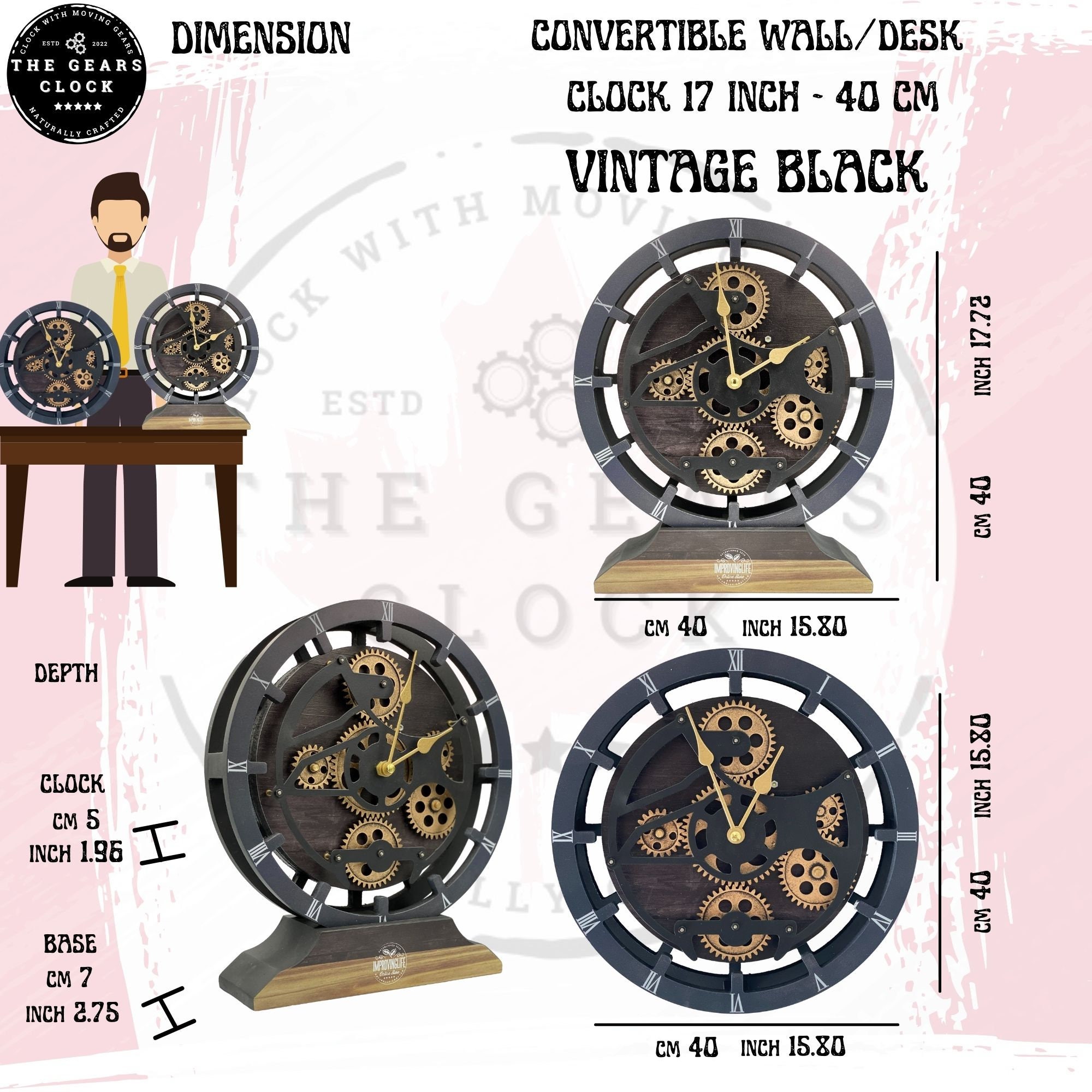 Wall Clock 17 Inches With Real Moving Gear Convertible Into Desk Clock ...