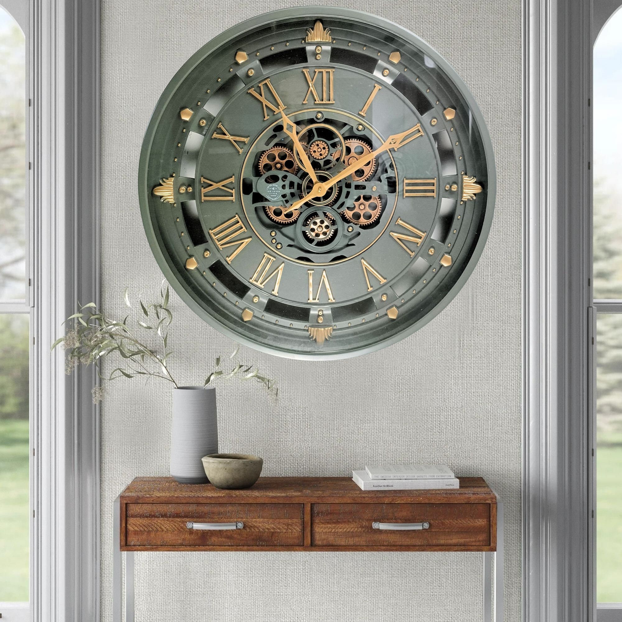 Belgium Line Wall Clock 26 Inches With Real Moving Gears (glass Cover ...