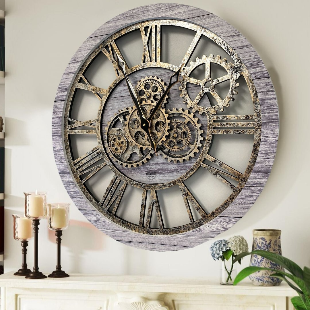 Wall Clock 24 Inches With Real Moving Gears Silver Grey - Etsy