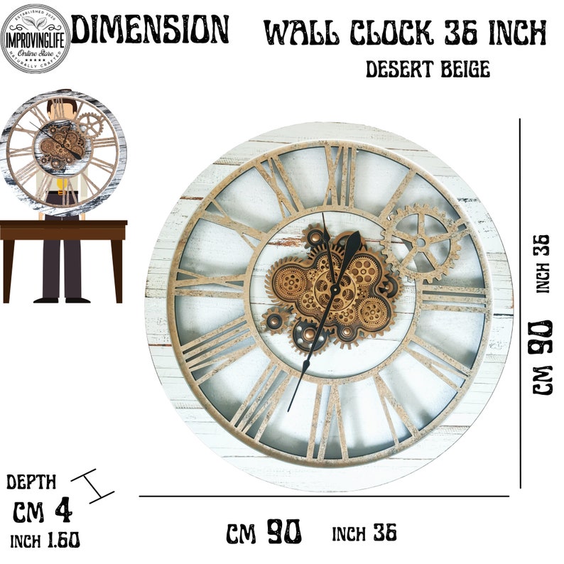 America Line Wall Clock 36 Inches With Real Moving Gears Desert Beige ...