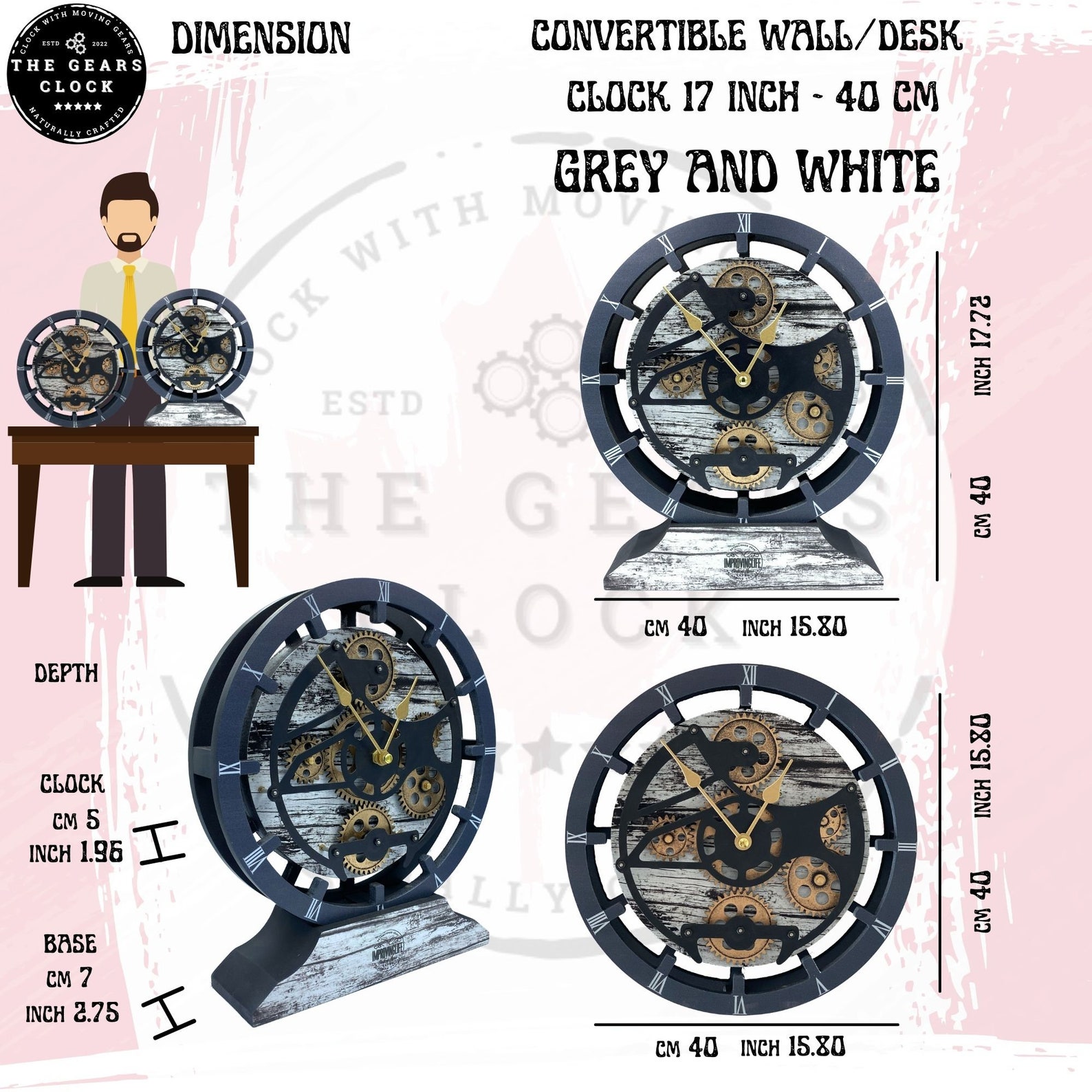 Wall Clock 17 Inches With Real Moving Gear Convertible Into Desk Clock ...