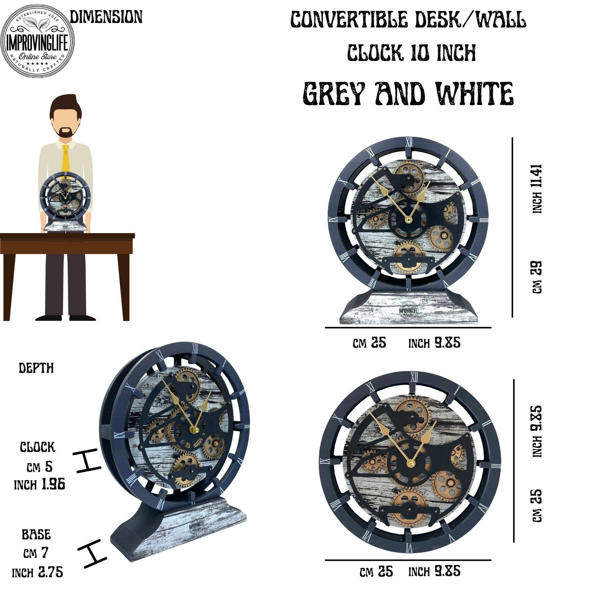 Desk Clock 10 Inches With Real Moving Gear Convertible Into Wall Clock ...