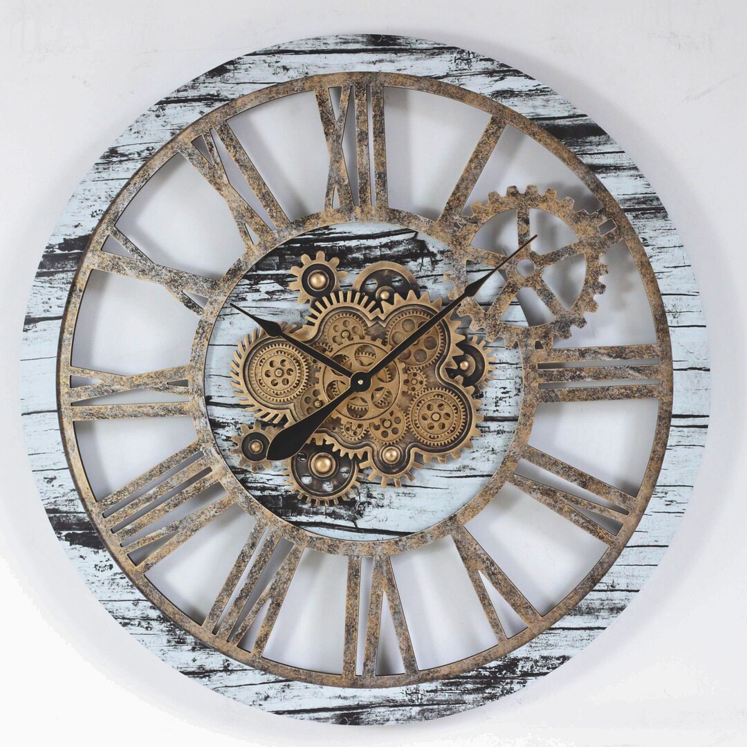 America Line Wall Clock 36 Inches With Real Moving Gears Grey and White ...