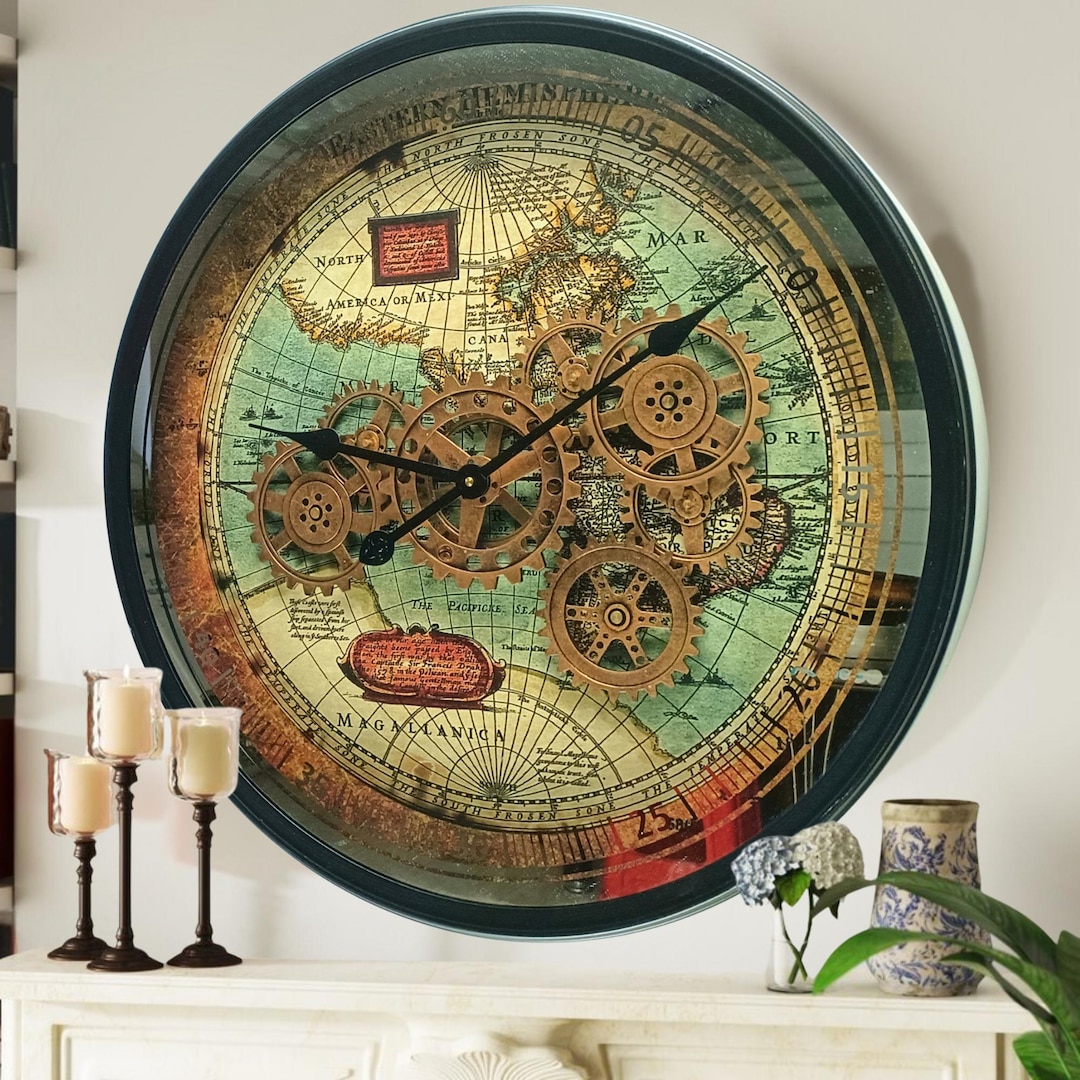 Portugal Line Wall Clock 24 Inches With Real Moving Gears Black Antique ...