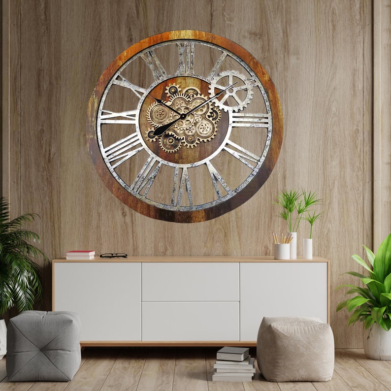 Wall Clock 36 Inches With Real Moving Gears Vintage Brown - Etsy