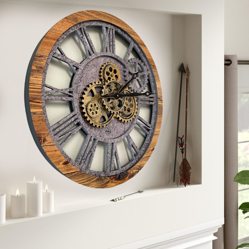 America Line Wall Clock 24 Inches With Real Moving Gears Wood & Stone ...