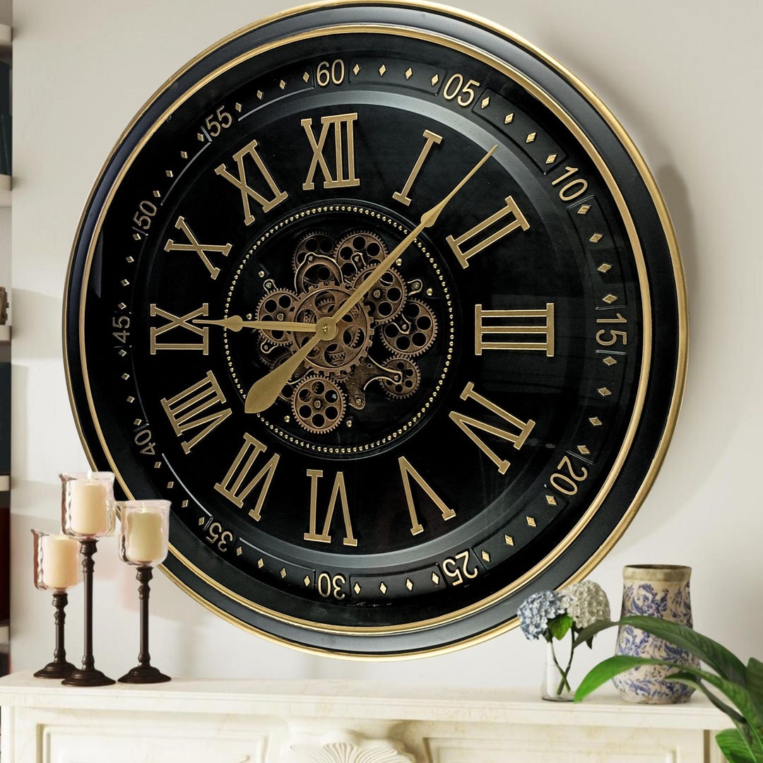 Ireland Line Wall Clock 32 Inches With Real Moving Gears Black Antique ...