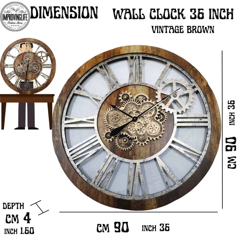 Wall Clock 36 Inches With Real Moving Gears Vintage Brown - Etsy