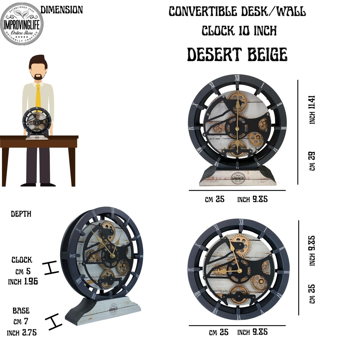 Desk Clock 10 Inches With Real Moving Gear Convertible Into Wall Clock ...