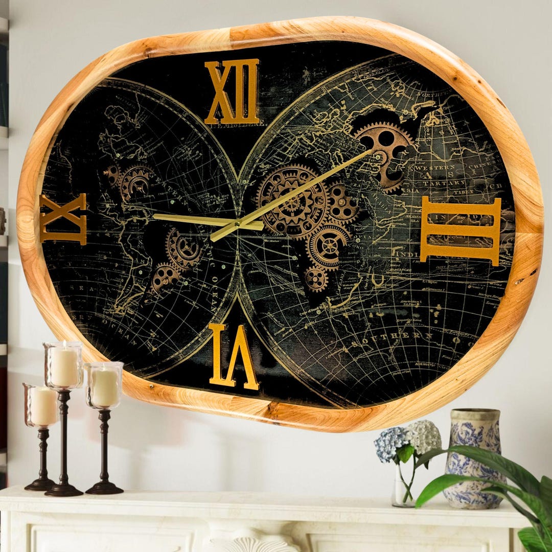 Portugal Line Wall Clock 27 Inches Oval With Real Moving Gears Wood ...