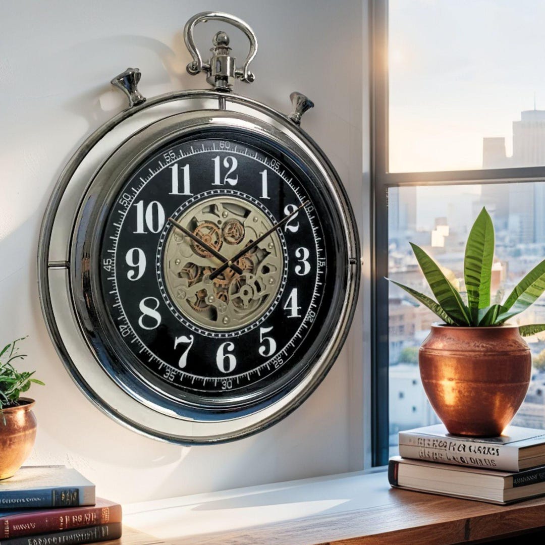 Monaco Line Wall Clock Round 24 Inch "monaco-ville" Silver-black - Etsy