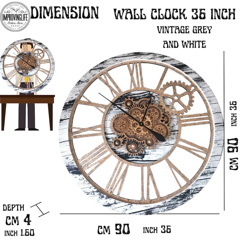 America Line Wall Clock 36 Inches With Real Moving Gears Grey and White ...