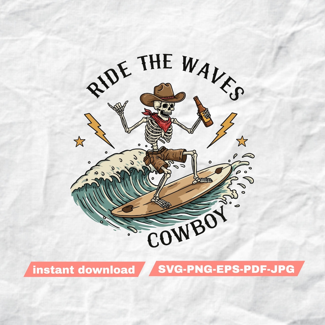 Surfing Cowboy Skeleton SVG, Western Summer Skeleton PNG, Vintage ...