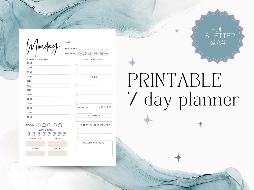 Printable 7 Day Planner Daily Planner Day Planner Work Planner Weekly ...