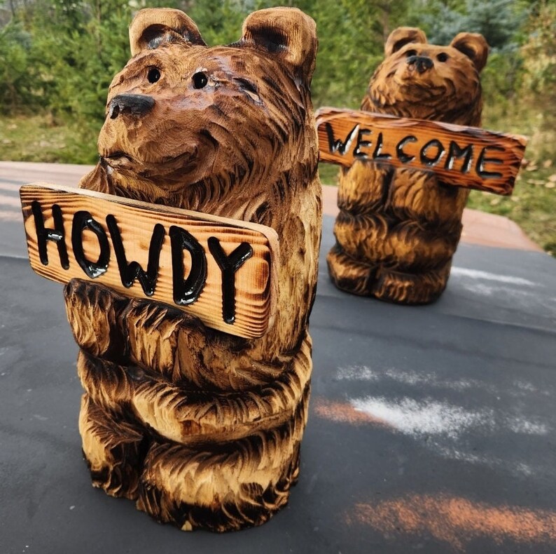 Chainsaw Carved Welcome Bear Cedar Wood Carving Art - Etsy