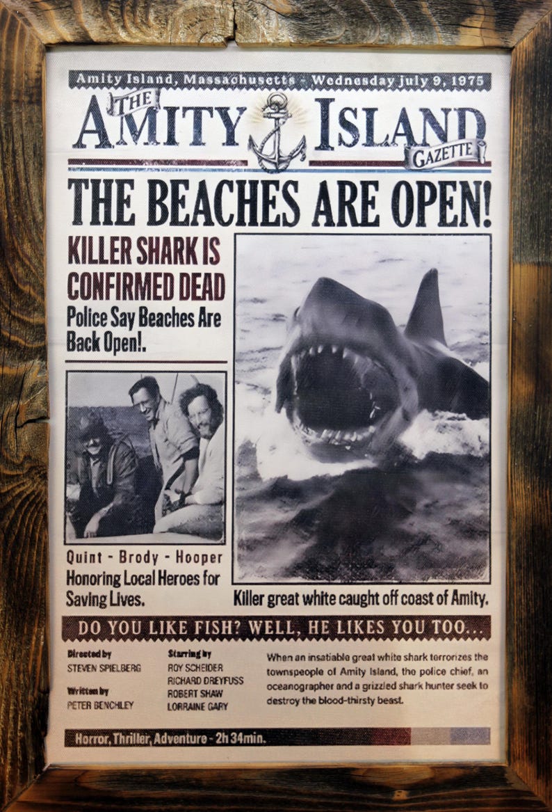 Classic Jaws Movie Framed Newspaper Art, Rustic Amity Island Shark ...