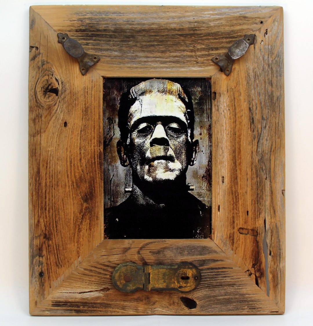 Frankenstein Monster Wall Art, Rustic Barn Wood Framed Artwork With Antique Hardware, Unique ...