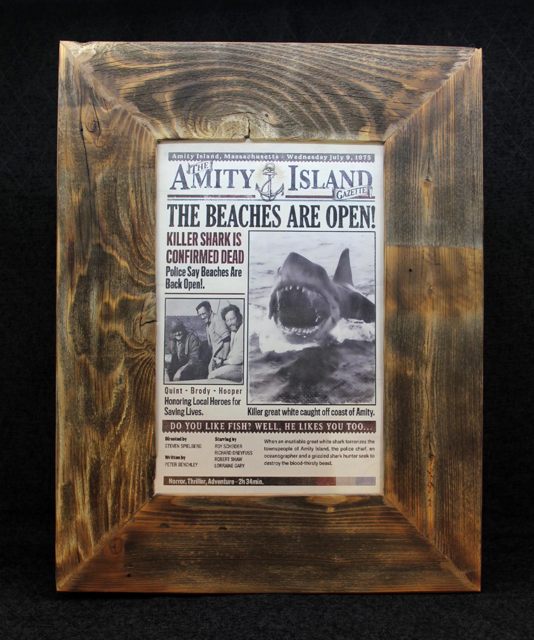Classic Jaws Movie Framed Newspaper Art, Rustic Amity Island Shark ...