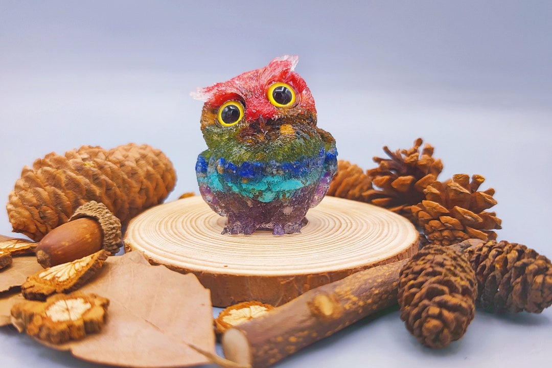 RAINBOW CRYSTAL OWL, Natural Gemstone Resin Owl Figure, Resin Owl ...