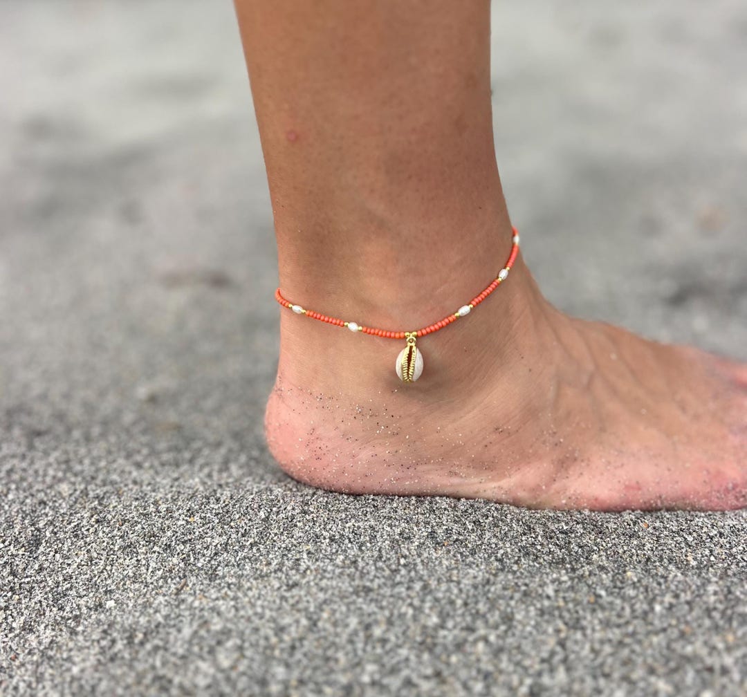 Coral Seed Bead & Cowrie Shell Anklet With 14k Gold Filled Clasp ...