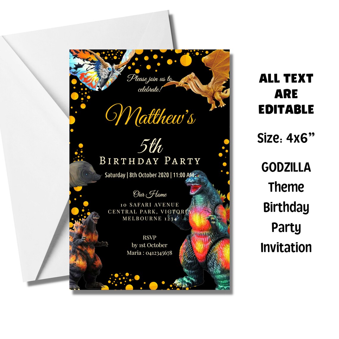 4x6 Printable Godzilla Theme Birthday Party Invitation | Editable ...