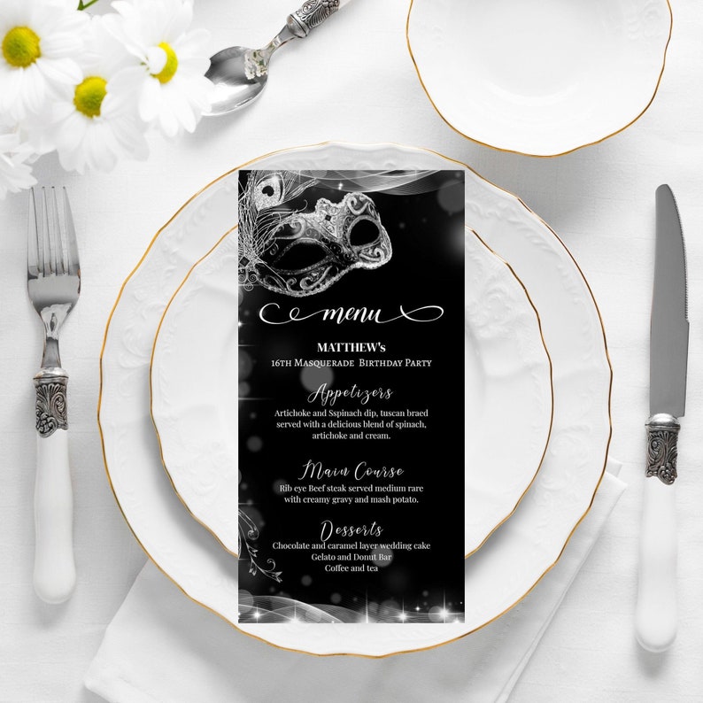 Black Silver Masquerade Theme Printable Menu Card, Editable Menu ...