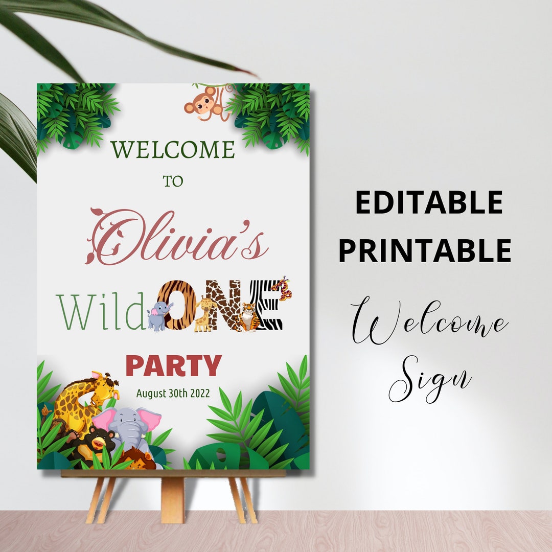 Wild One Jungle Welcome Sign Template | Printable Editable Digital ...