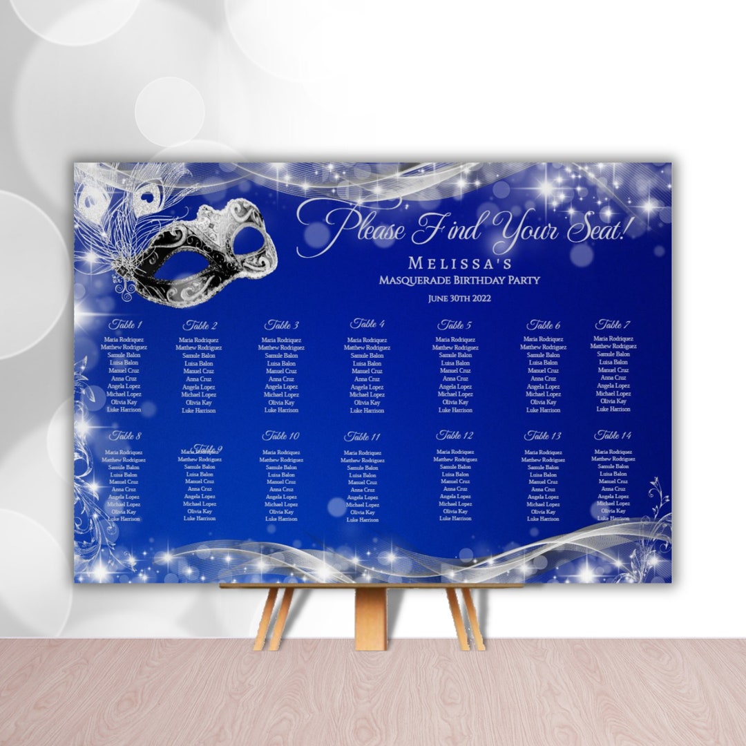 Royal Blue Silver Masquerade Theme Birthday Party Table Seating Sign ...